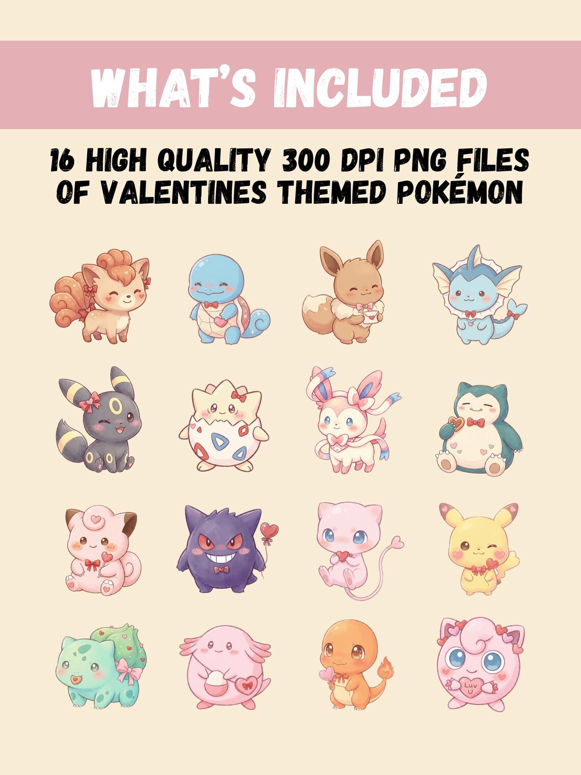 Valentines Day Pokémon PNG Bundle, 16 Chibi Cute Kawaii Clipart, Love ...