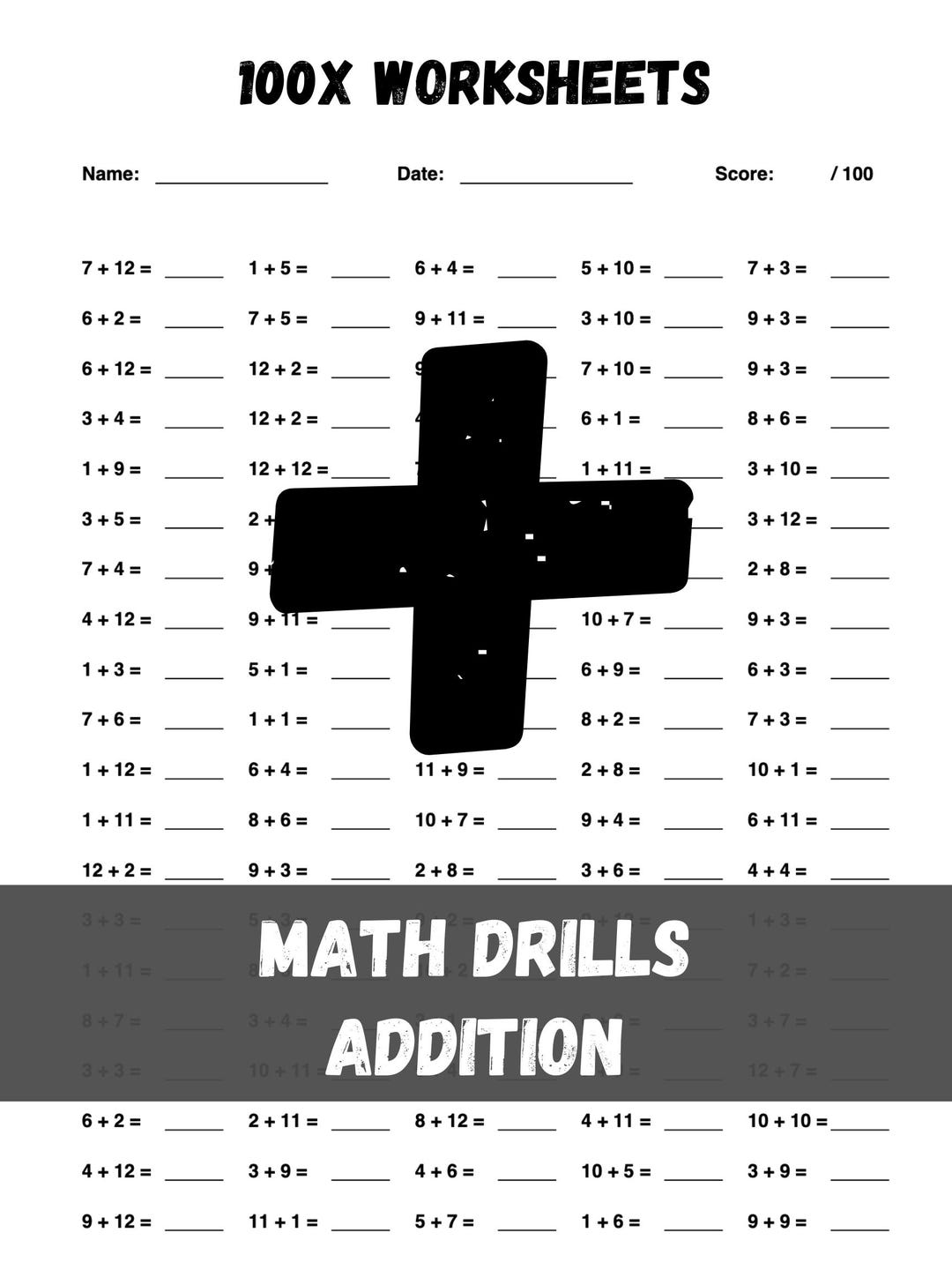 Addition Math Drills Workbook Using Numbers 1 to 12, 100 Pages ...