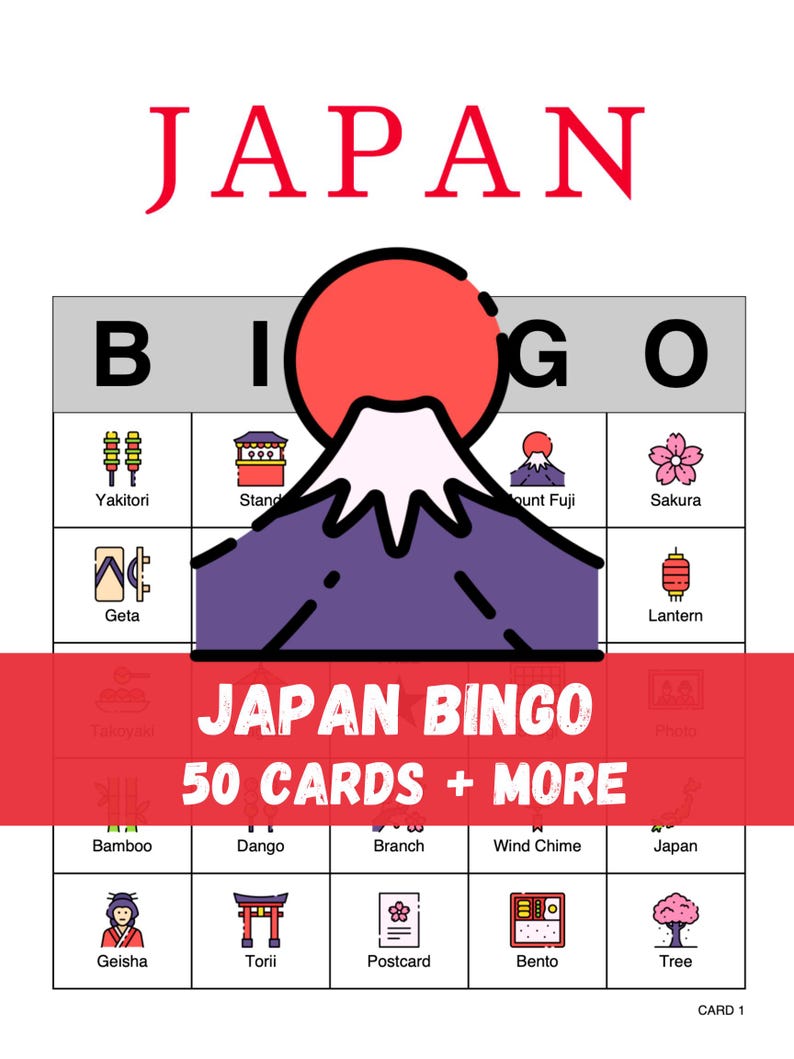 Japan Bingo Game for Kids, Printable Classroom Activity, 50 Unique ...
