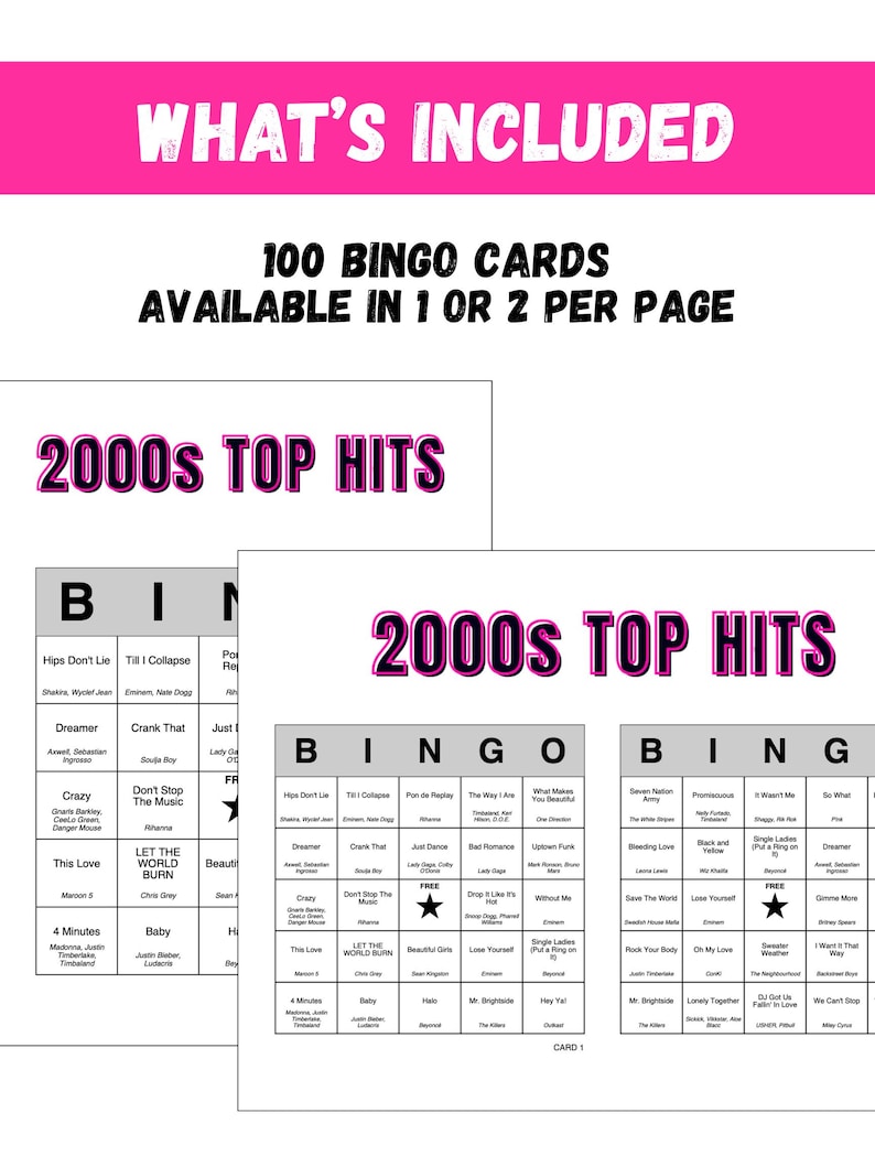 2000s Music Bingo Game, 100 Printable Cards, 100 Hit Songs, Y2K Hip Hop ...