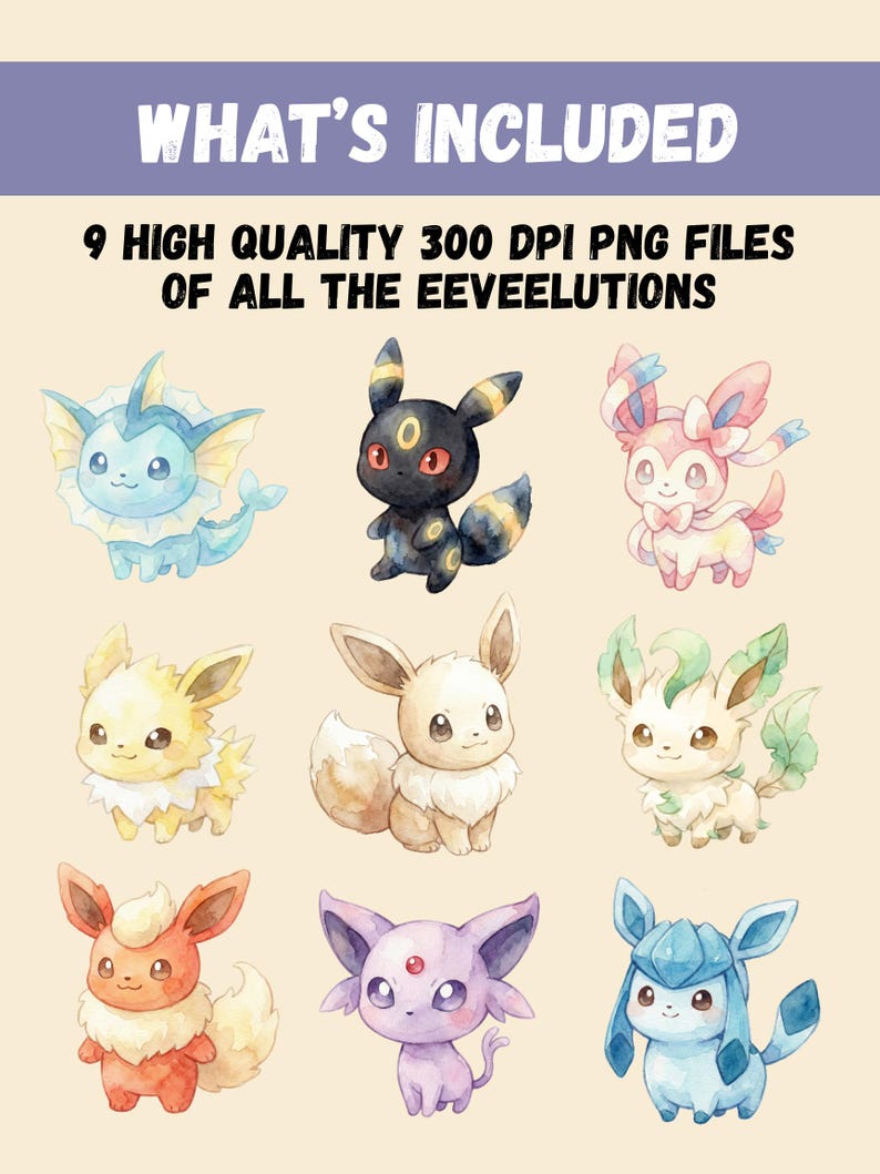 Watercolor Eeveelutions Pokemon PNG Bundle, Cute Kawaii Clipart, Eevee ...