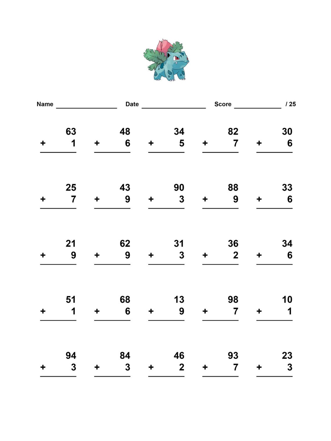 Pokemon Addition Worksheets, Levels 1 to 3, Kindergarten to 3rd Grade ...