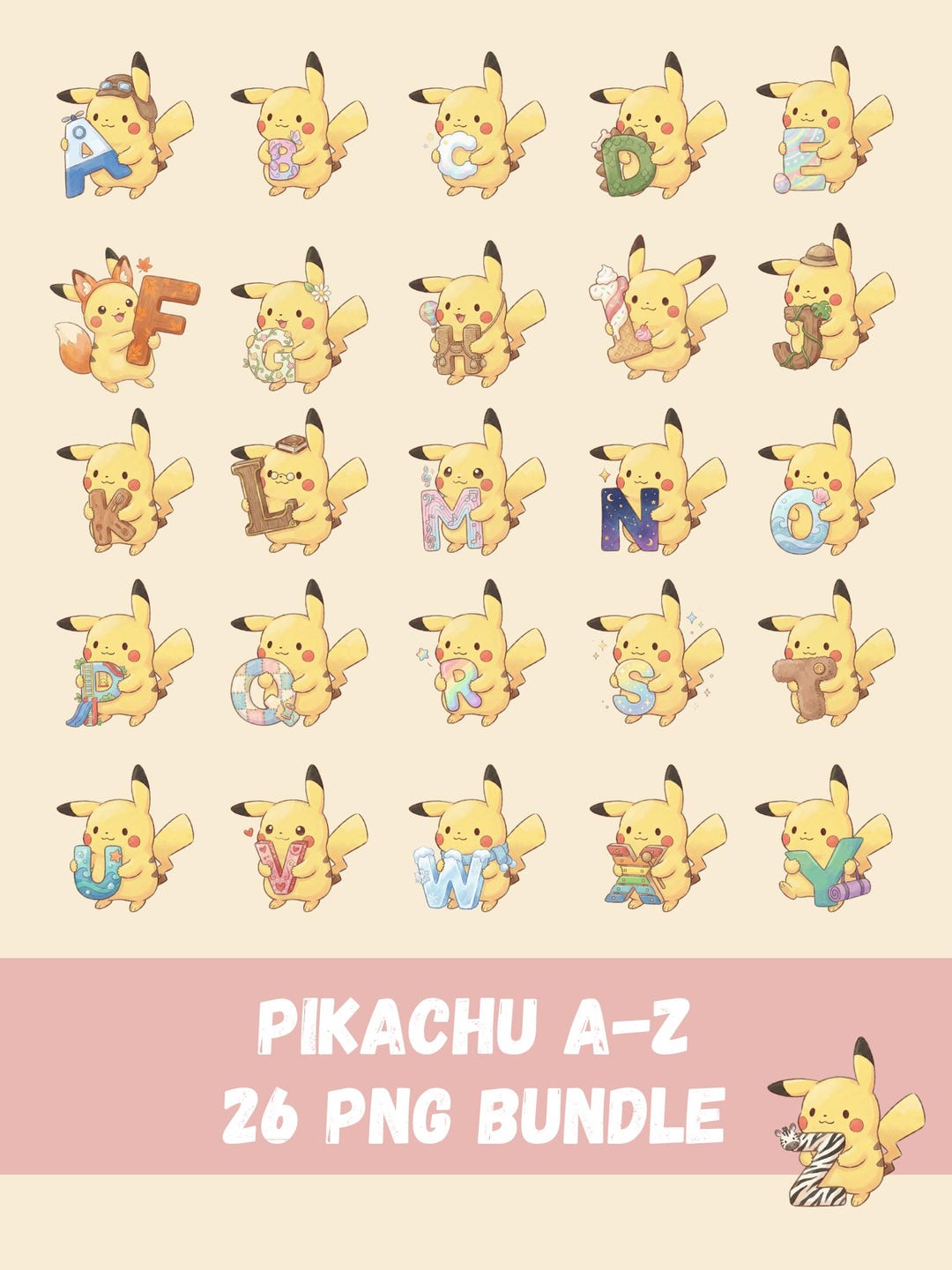 Pikachu A-Z Alphabet PNG Pack, 26 Letter Clipart Set, Chibi Cute Kawaii ...