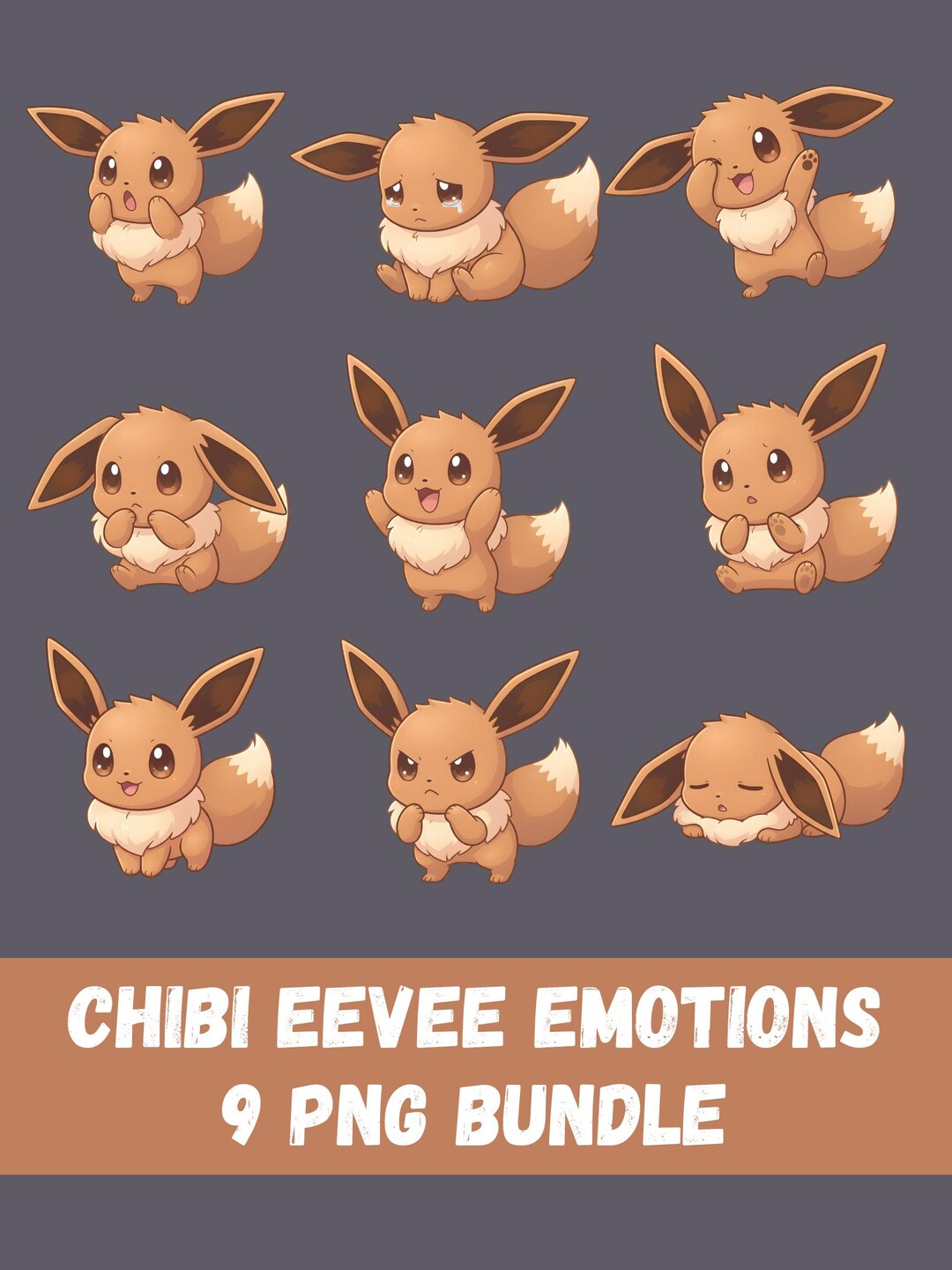 Eevee Chibi Emotions Pokemon PNG Bundle, 9 Cute Eevee Faces, Kawaii ...