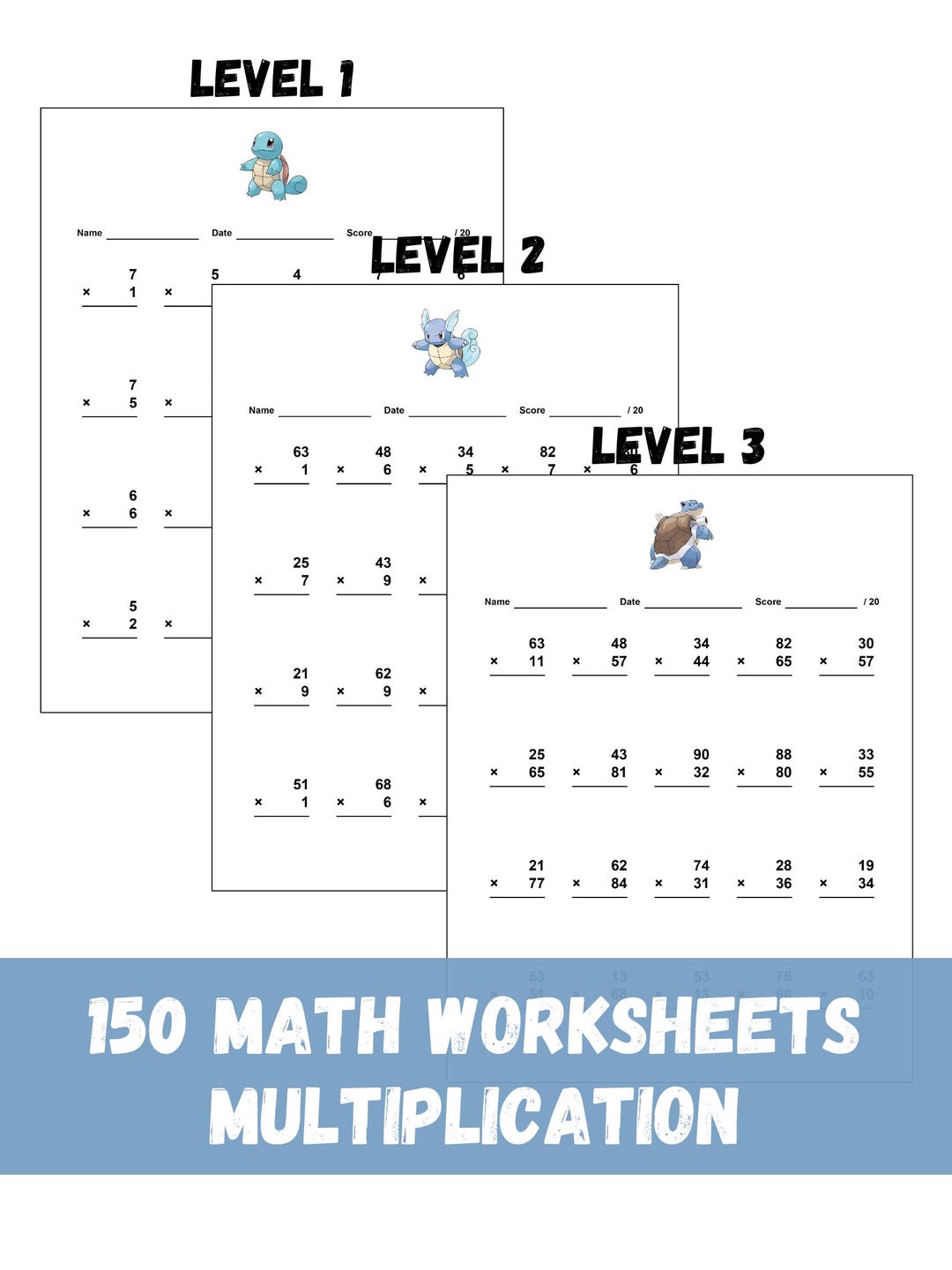 Pokemon Multiplication Worksheets, Levels 1 to 3, 3rd Grade to 6th ...