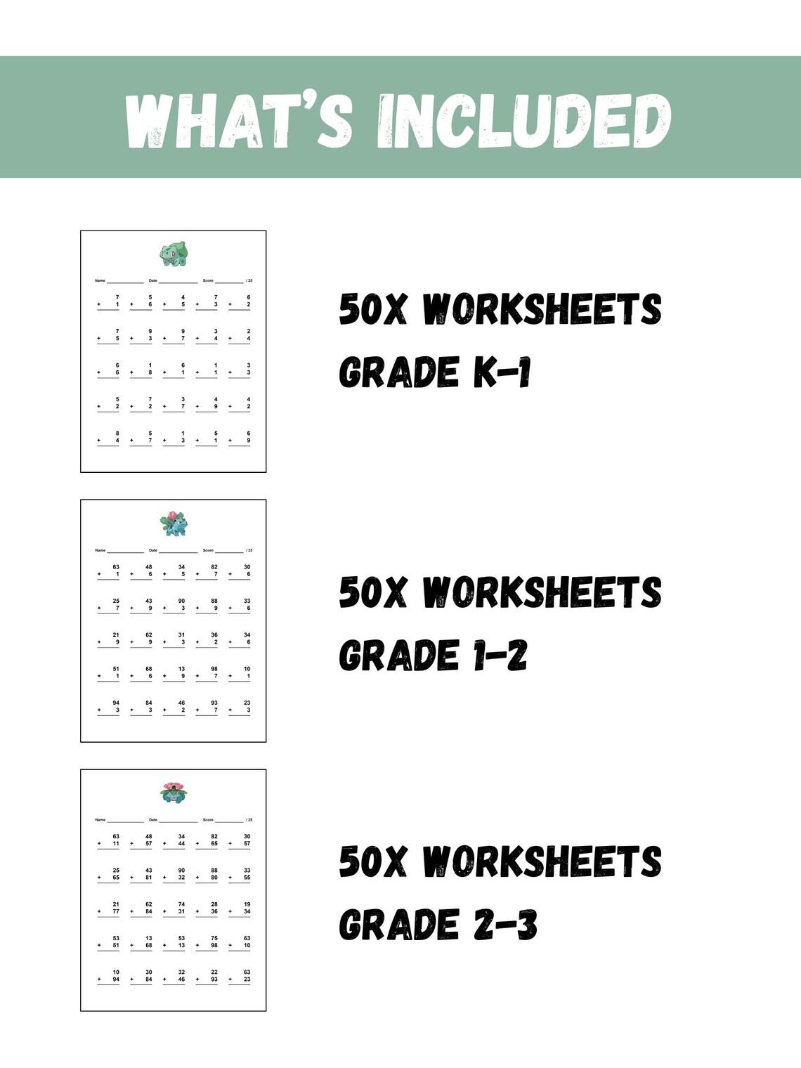 Pokemon Addition Worksheets, Levels 1 to 3, Kindergarten to 3rd Grade ...