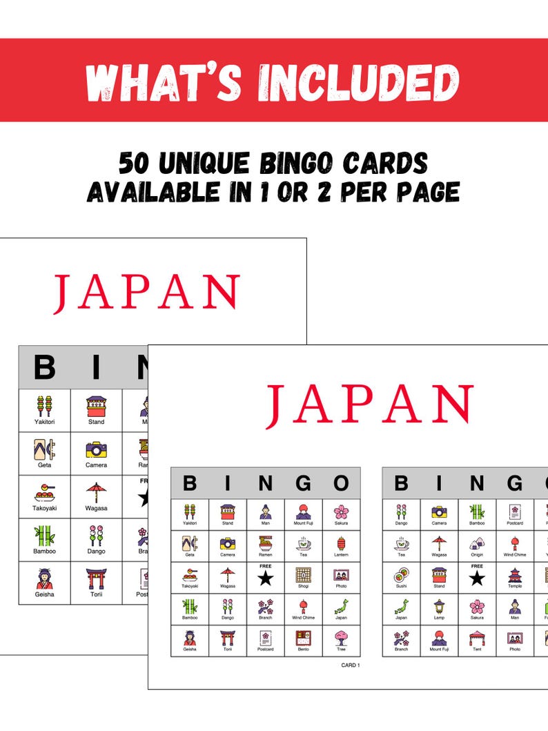 Japan Bingo Game for Kids, Printable Classroom Activity, 50 Unique ...