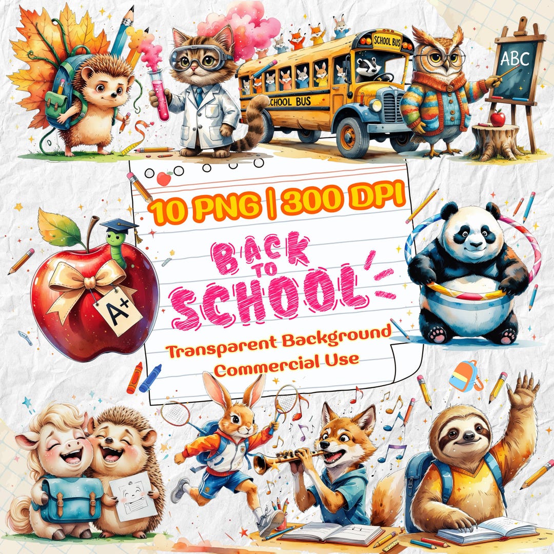Back to School Animal Clipart, Watercolor School Bus PNG, Funny Teacher ...