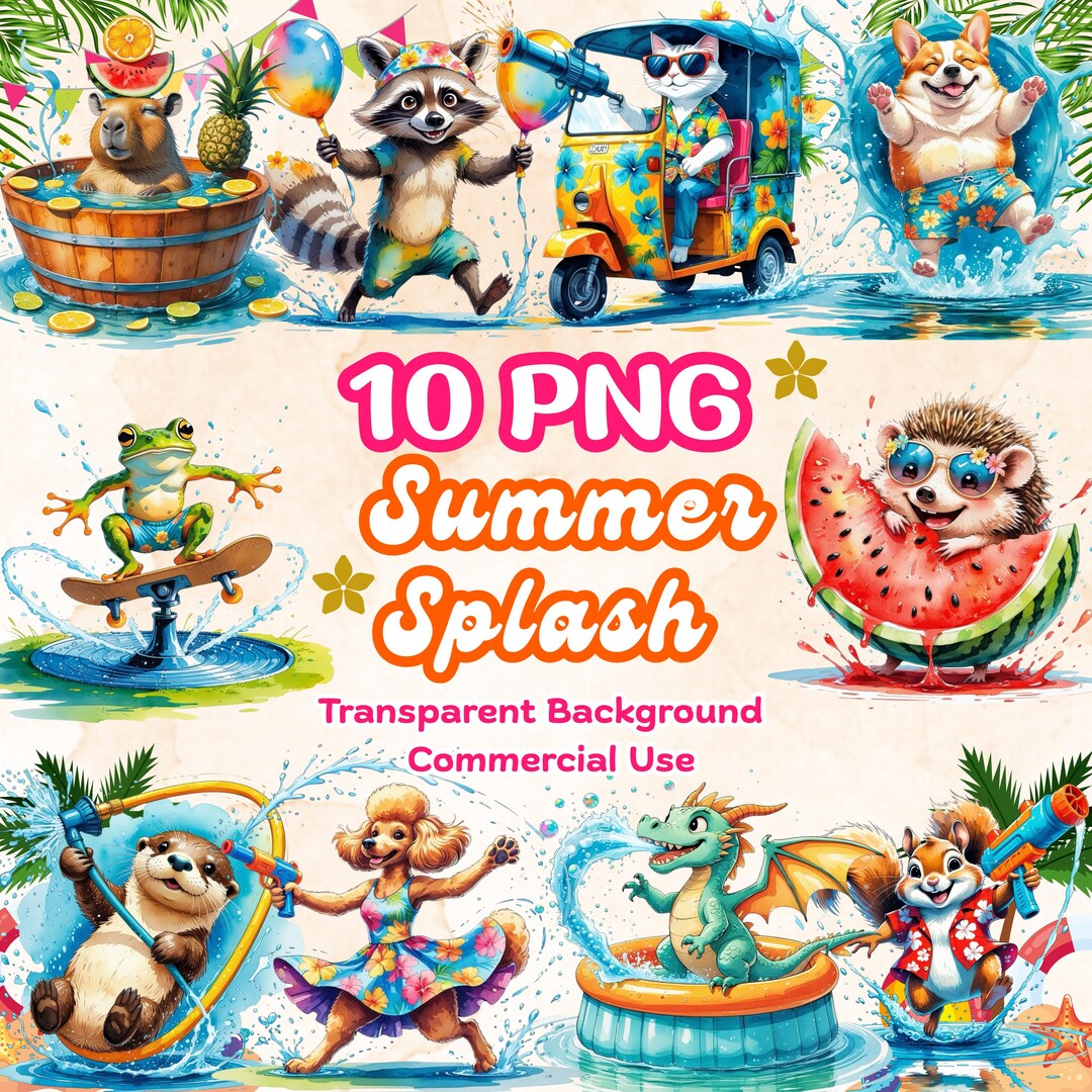 10 Summer Animal Clipart Bundle, Songkran Pool Party PNG, Funny ...