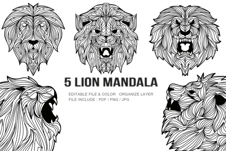 5 Lion Mandala Coloring Pages | Printable Digital Download | Fierce ...
