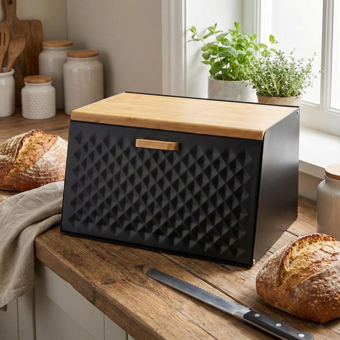 Modern Scandinavian Black Bread Box With Bamboo Lid - Etsy