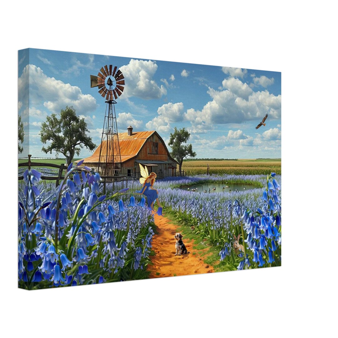 Bluebell Fields Fairy Canvas Art - Enchanting Meadows With Dog & Rabbit ...