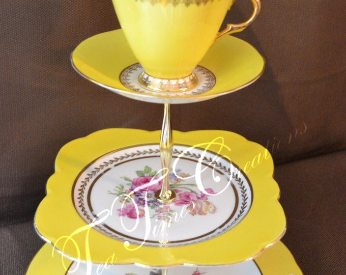 Yellow Cakestand 3 Tier Vintage China Tea Stand for Weddings, Tea ...