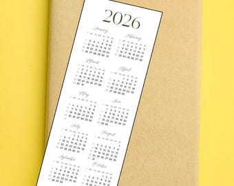 2026 Floral Calendar Bookmark: Green Minimalist Planner (printable PDF ...