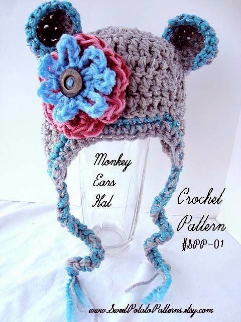 Crochet Hat Pattern Little Monkey Ears Hat SPP01 Sweetpotatopatterns ...