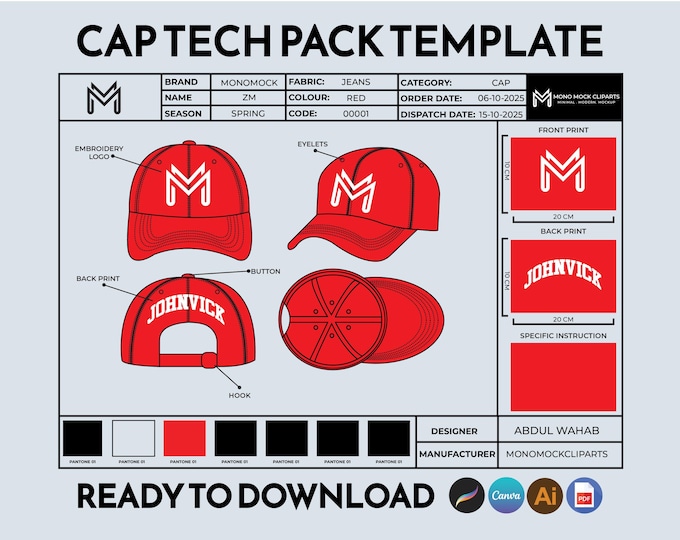 Cap Tech Pack Template | Editable Hat Tech Pack for Manufacturers | AI ...