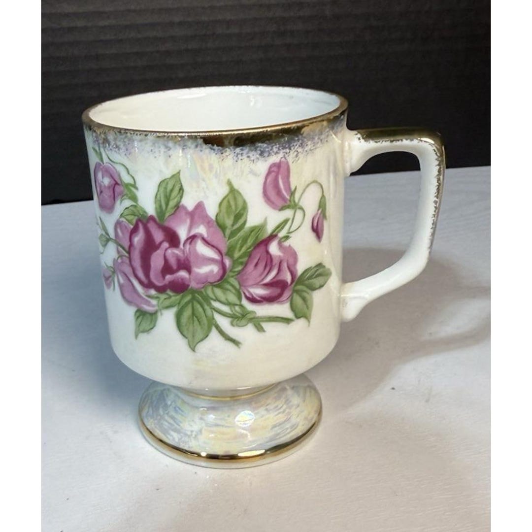 Vintage Sweet Pea April Coffee Cup Iridescent Gold Pink Flowers Fancy ...