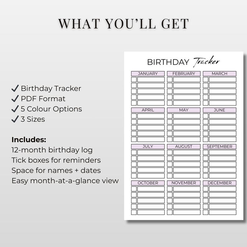 Birthday Tracker Printable – Monthly Birthday Organiser | A4, A5 & US ...