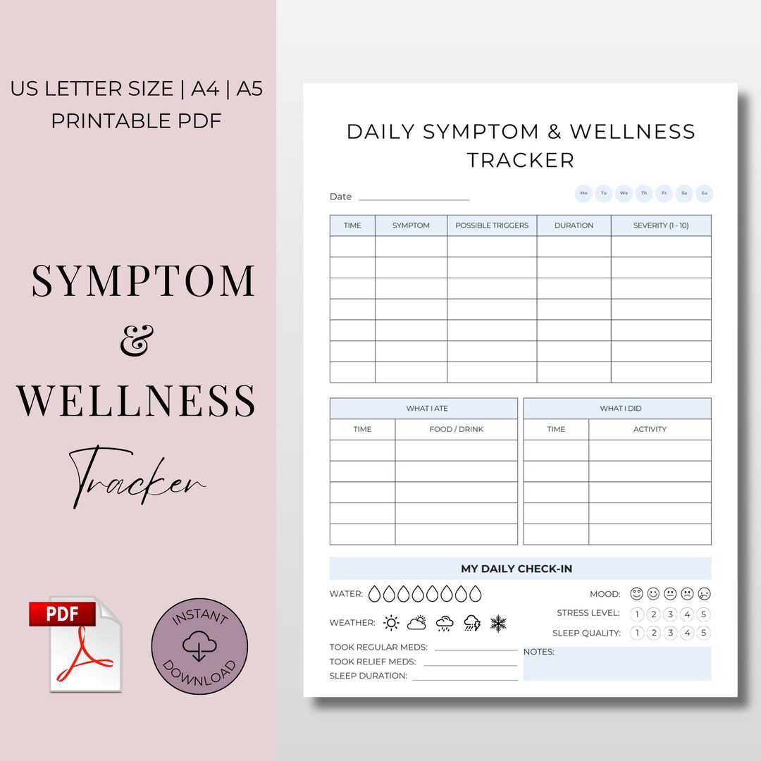 Symptom & Wellness Tracker Printable – Daily Health Log | A4, A5 and US ...