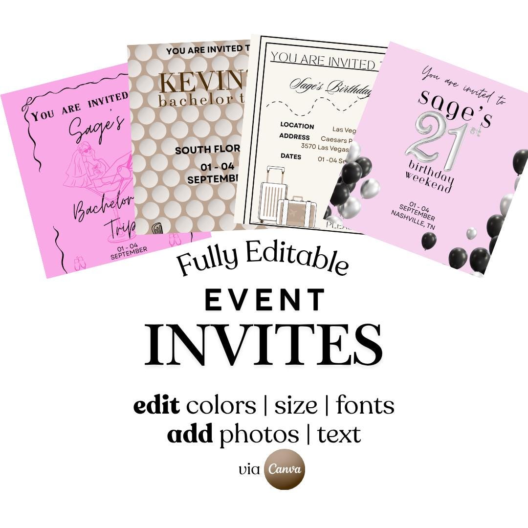 Editable Event Invitation Templates: Bachelorette, Bachelor, Birthday ...