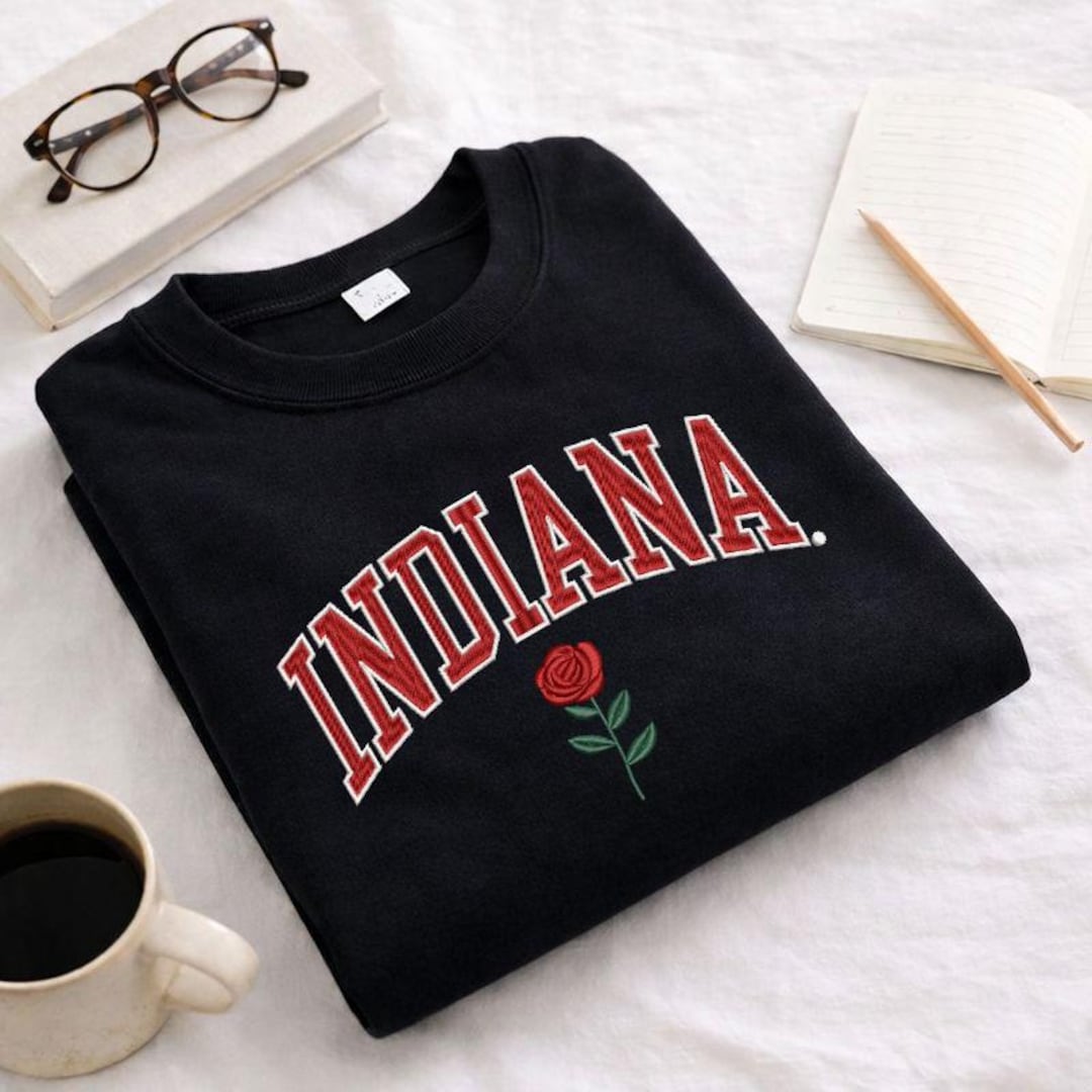 Indiana Embroidery Design, College Varsity Lettering With Rose, Floral ...