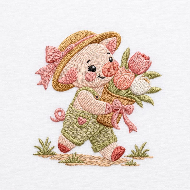 Pig Tulip Bouquet Spring Farmhouse Embroidery Pattern Garden Floral ...