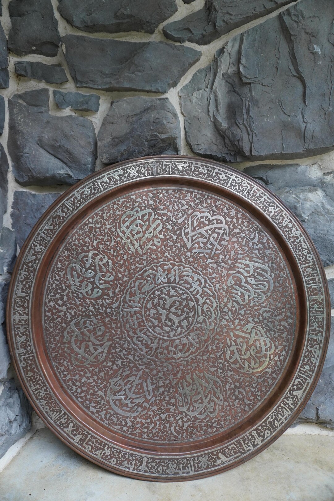 A Very Fine Antique Middle Eastern Islamic Copper Tray With Silver ...