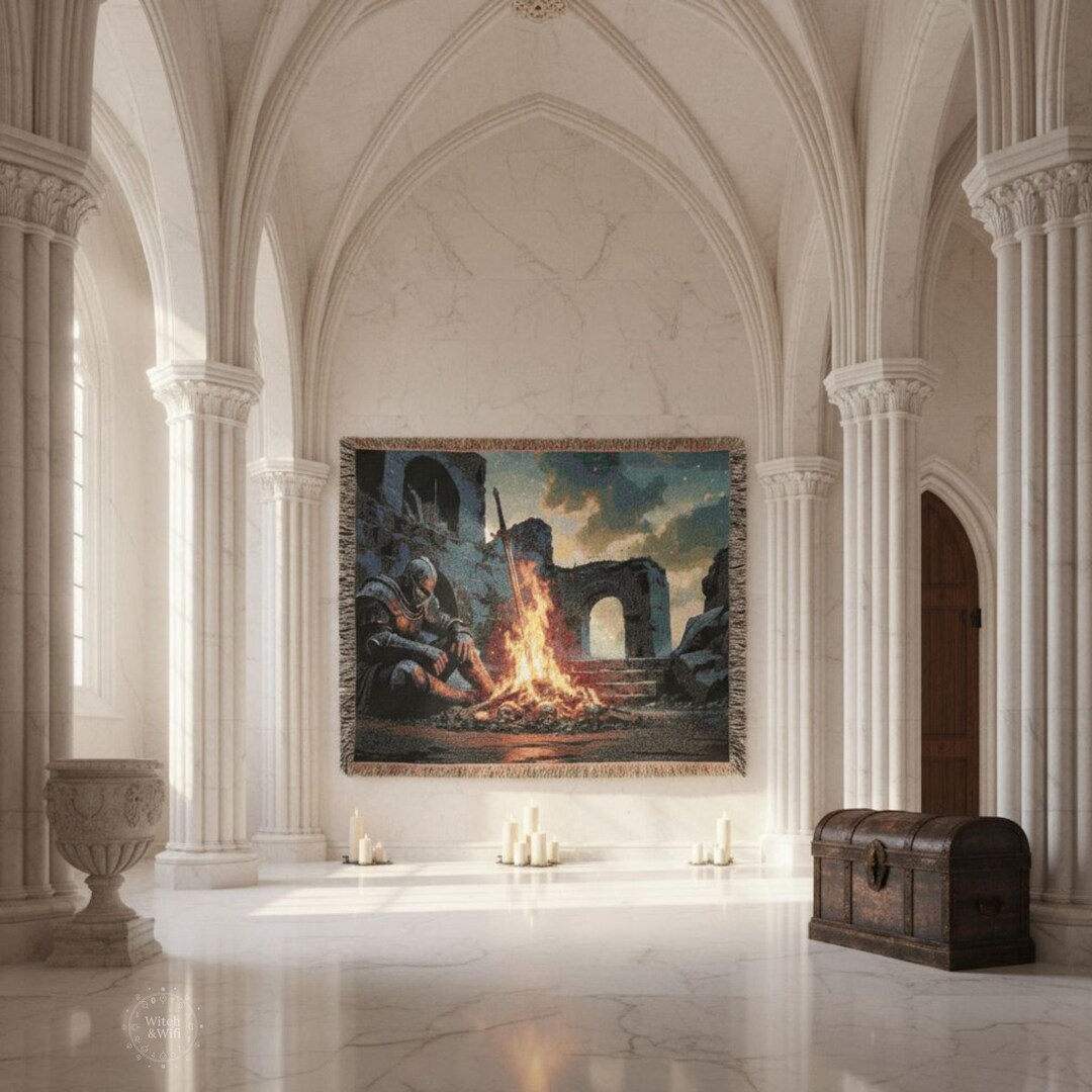 Knight at the Bonfire Medieval Tapestry | Souls Game Inspired Wall Art ...