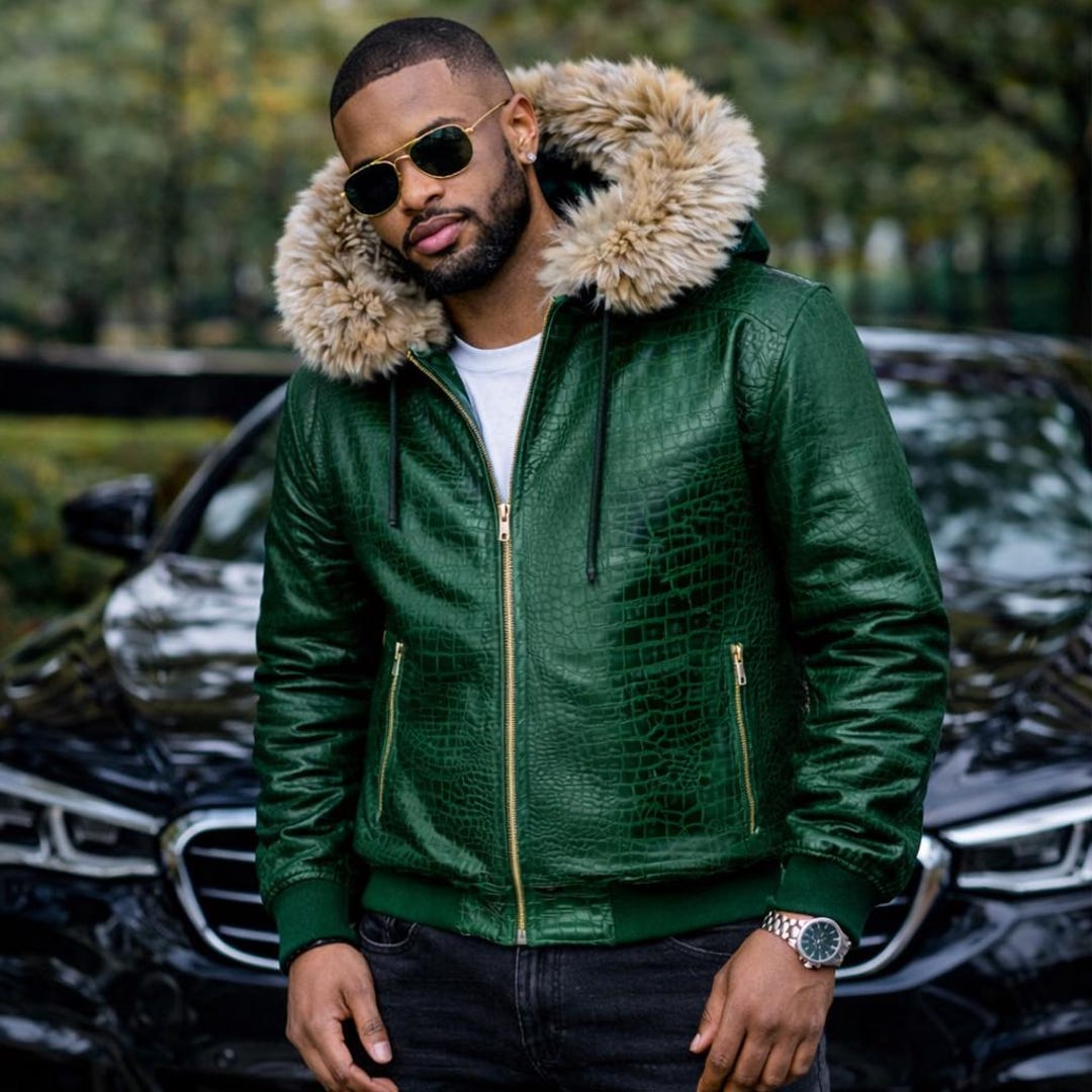 Forest Green Croc Embossed Leather Jacket - Fur Hooded Bomber Style for ...
