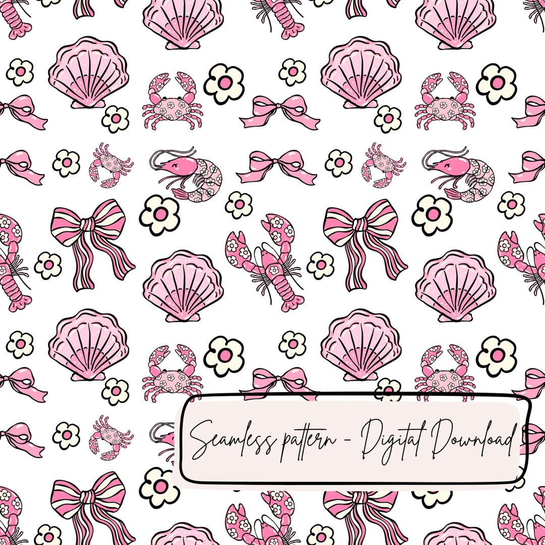 Pink Coastal Seamless Pattern, Preppy Sea Shell Crab Lobster Bow ...