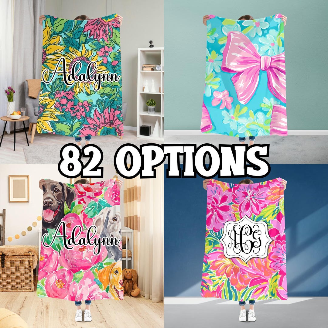 Preppy Floral Velveteen Blanket, Coastal Bow Throw, Bright Pattern ...