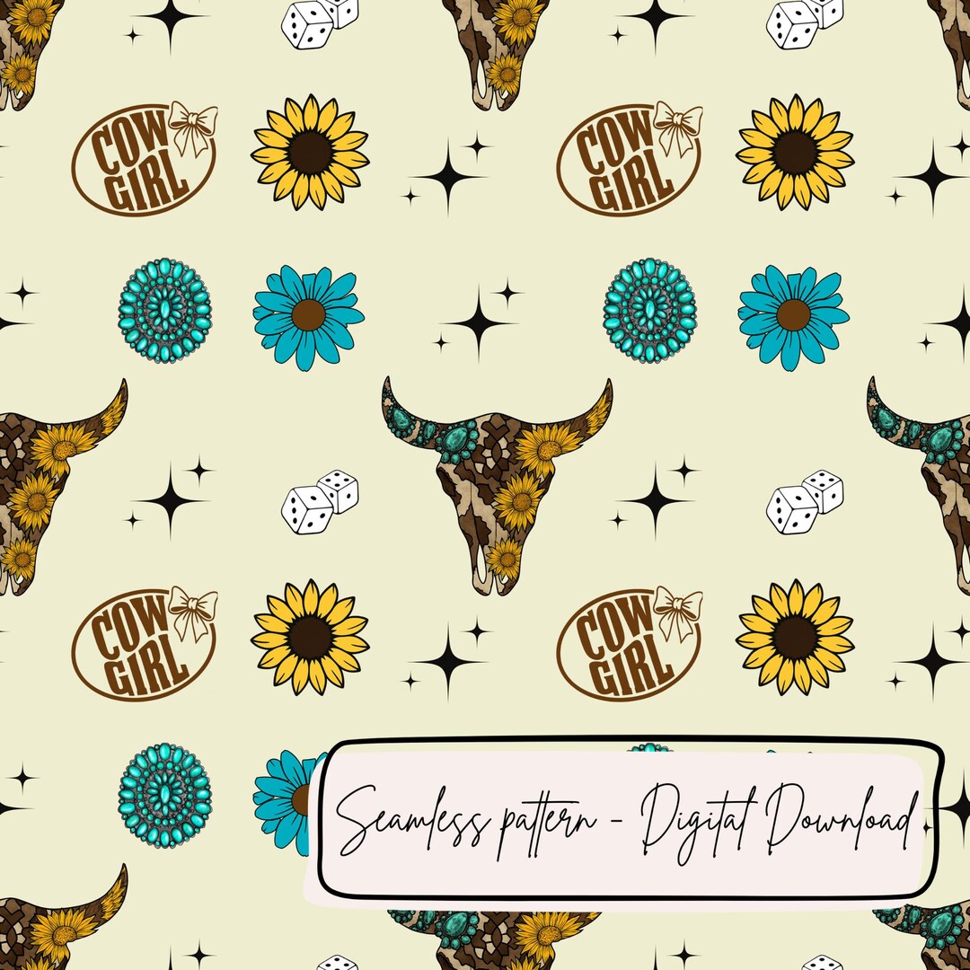 Sunflower Bull Seamless Pattern, Cowgirl Western Digital Paper ...