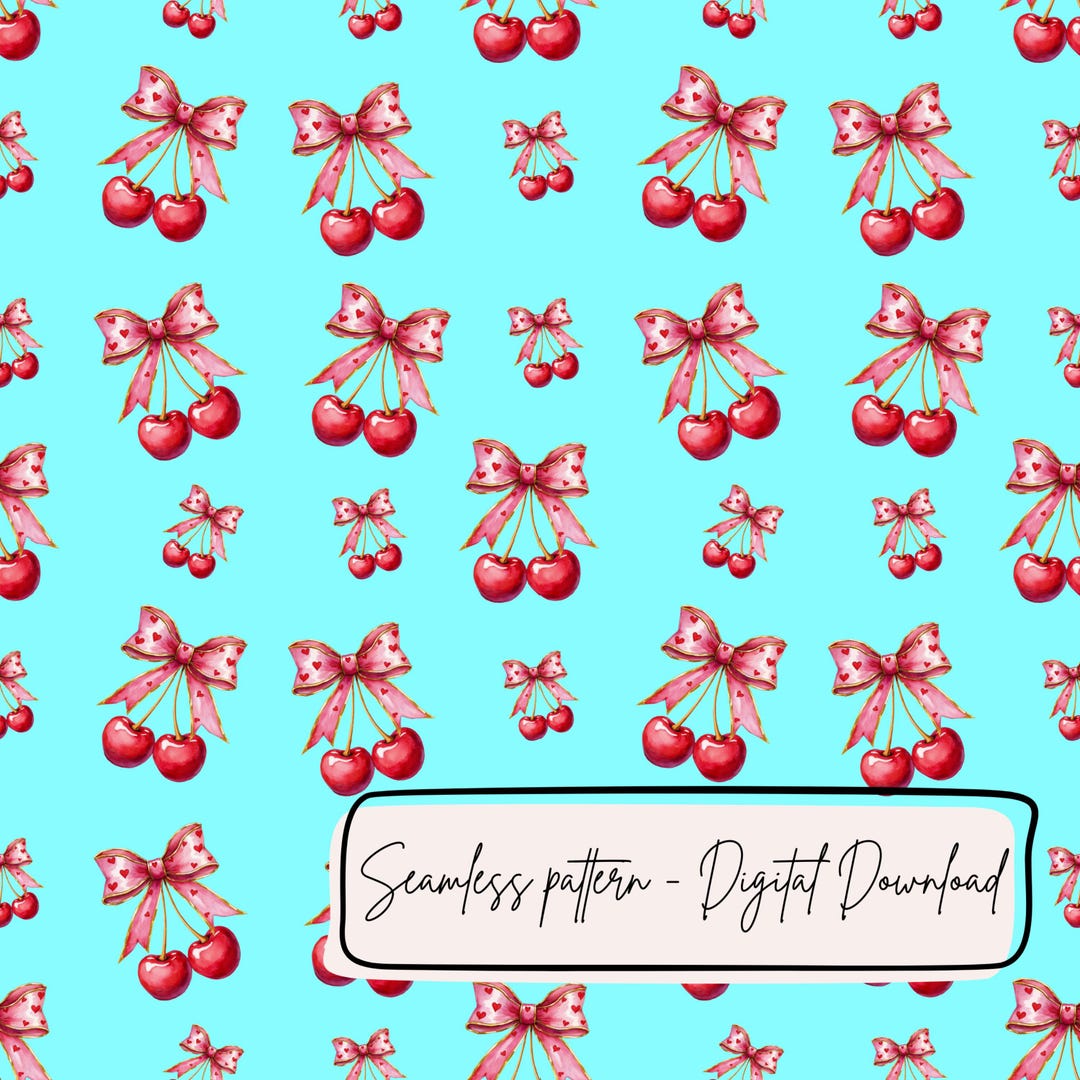 Preppy Cherry Bow Seamless Pattern, Valentine Cherries Digital Paper ...