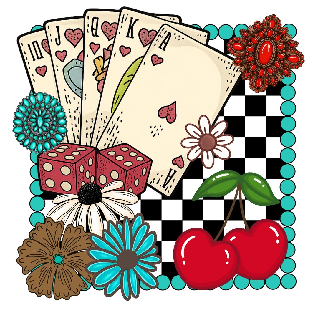 Western Playing Cards PNG, Retro Cowgirl Clipart, Checkered Dice Cherry ...
