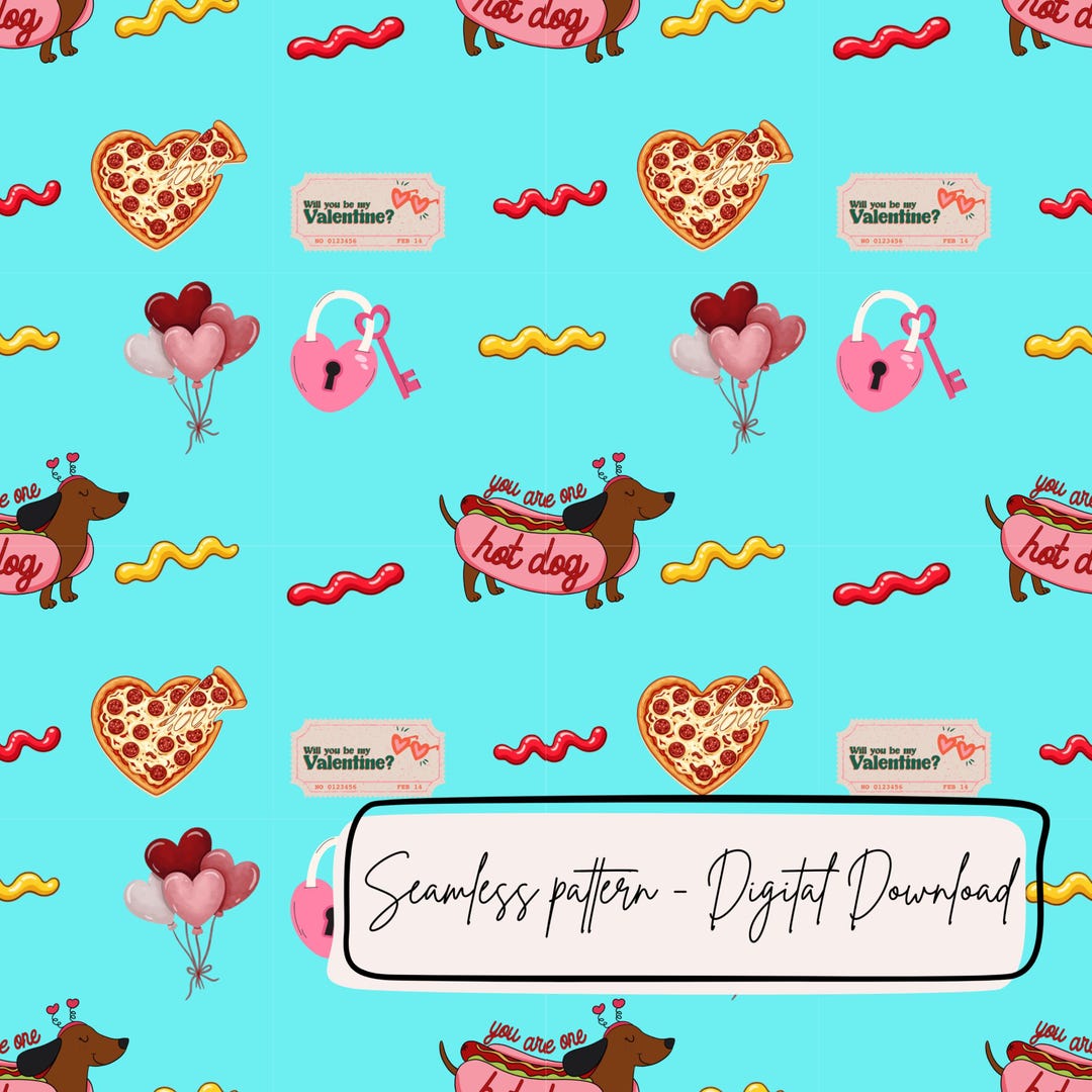 Valentine Hot Dog Seamless Pattern, Cute Dachshund Love Digital Paper ...