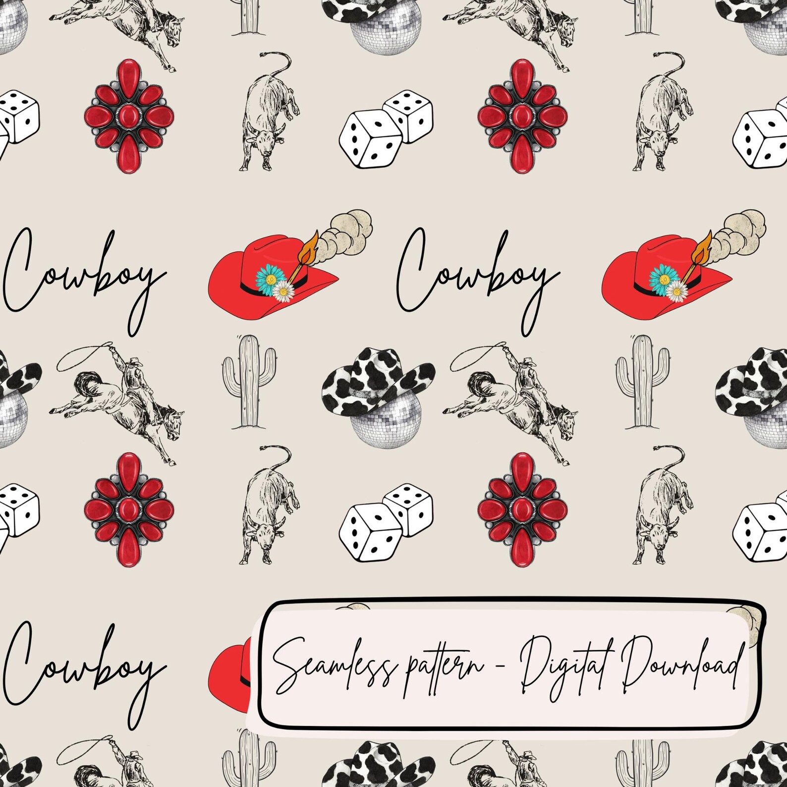 Cowboy Seamless Pattern, Western Cowboy Digital Paper, Red Western Hat ...