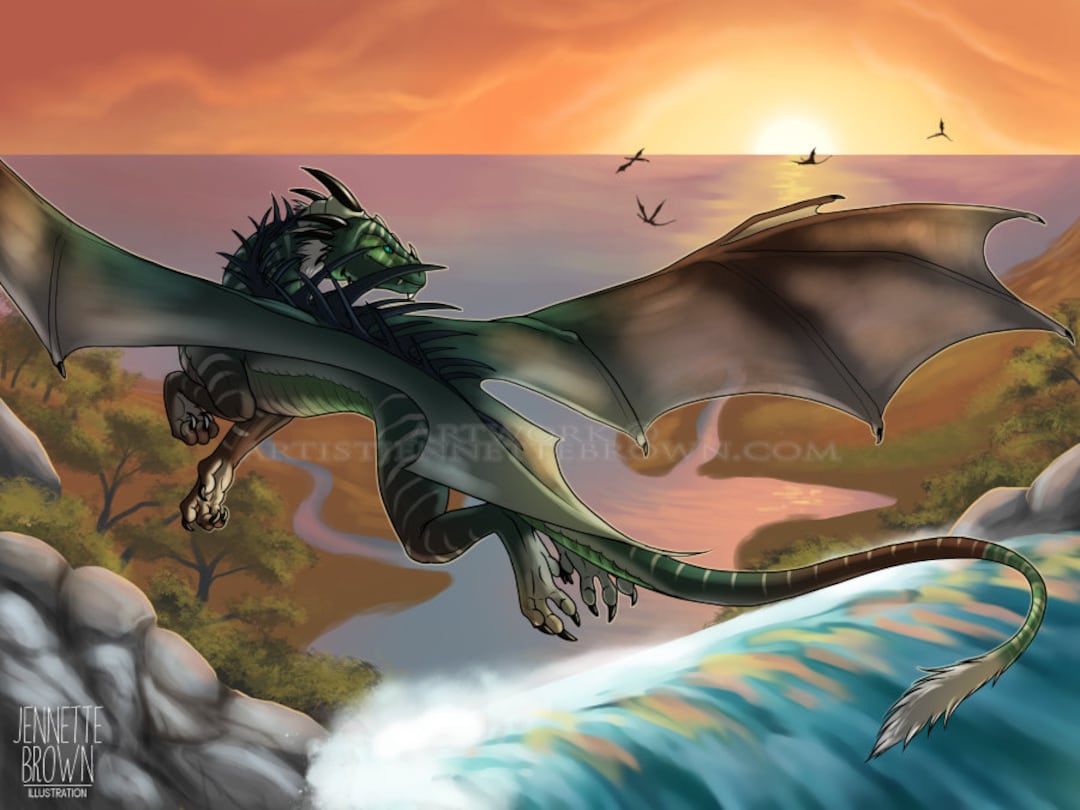 Dragon Flying "the Cove" Ocean Sunset Fantasy Illustration Prints and ...
