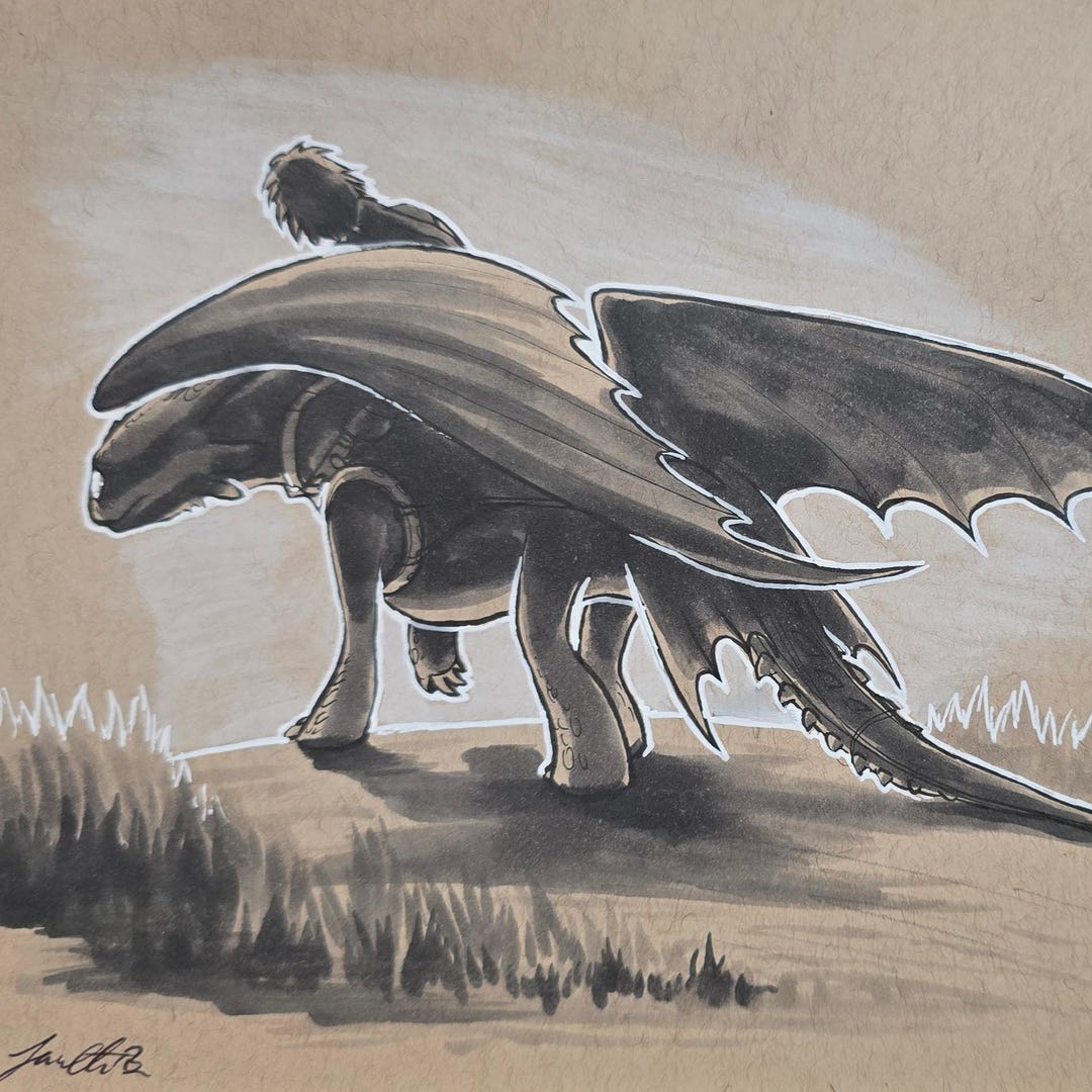 ORIGINAL ARTWORK Toothless and Hiccup Sunset Walk Copic Ink Fan Art ...