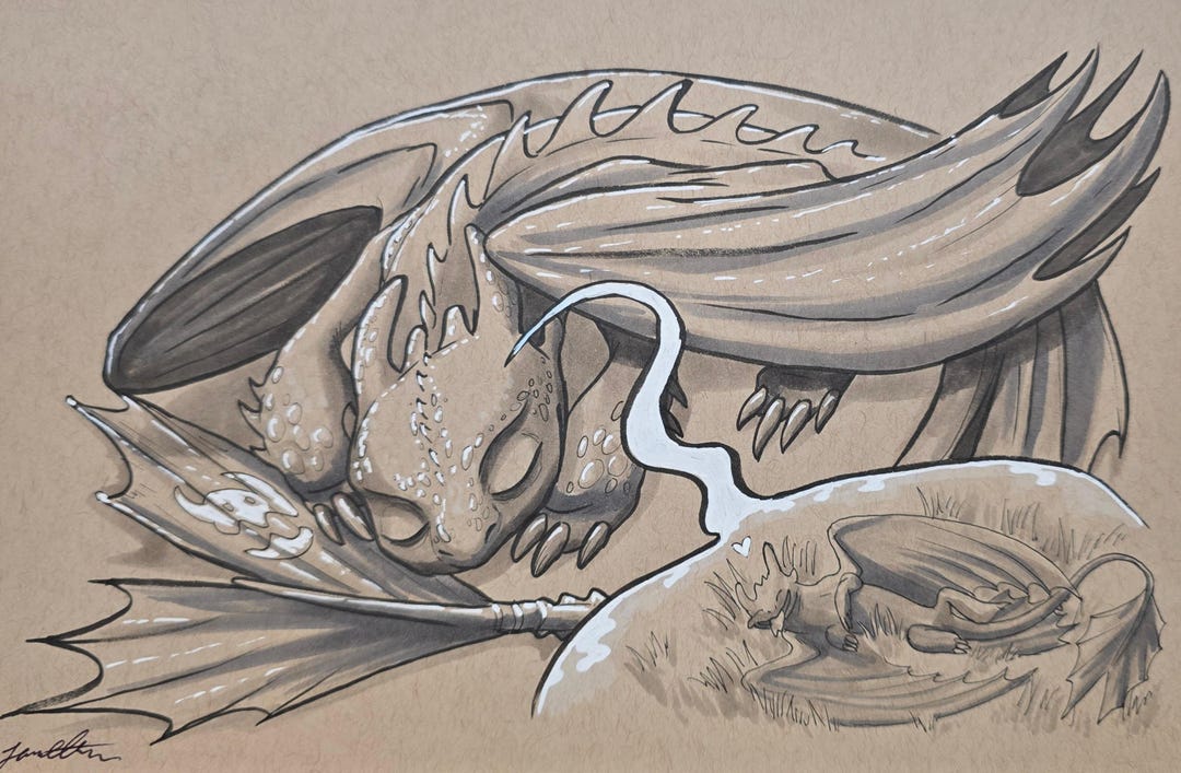 ORIGINAL ARTWORK Toothless Silly Grass Dream Sleep Copic Ink Fan Art ...