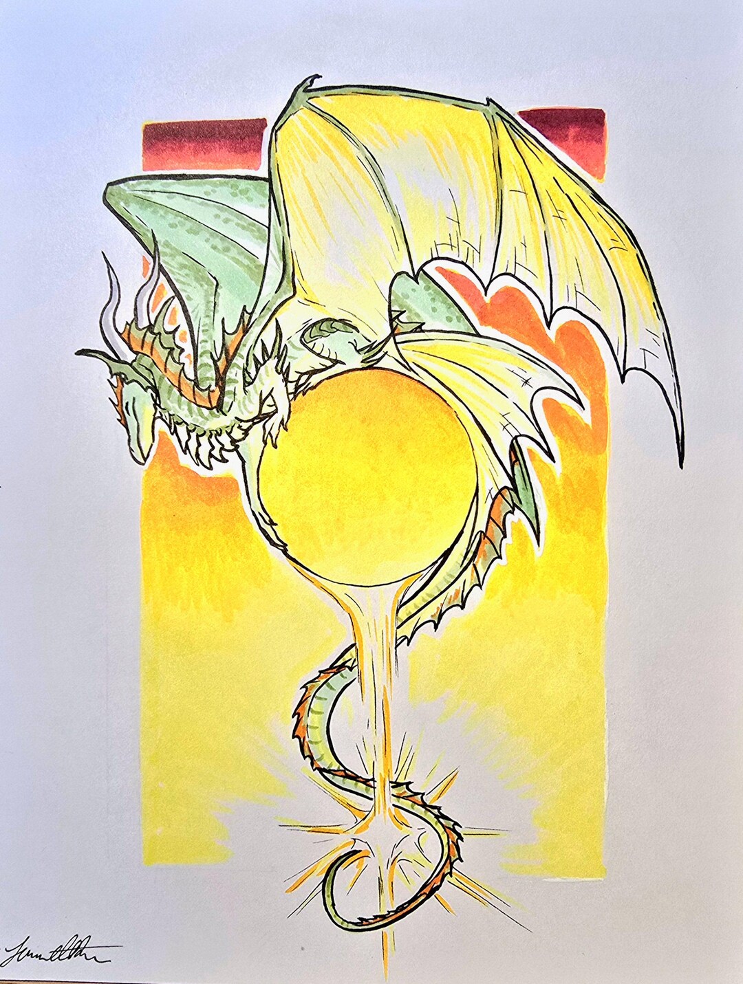 ORIGINAL ARTWORK Traditional Ink Copic Sketch Dragon Sun Fantasy ...