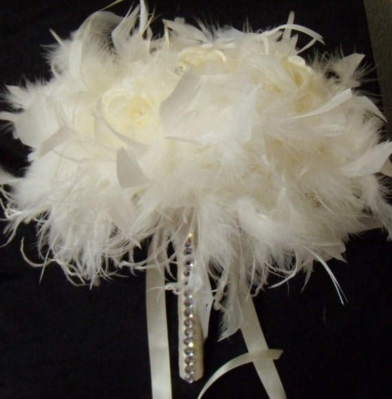 Items similar to IVORY BLING Ostrich Feather & Rose Flower Bridal ...
