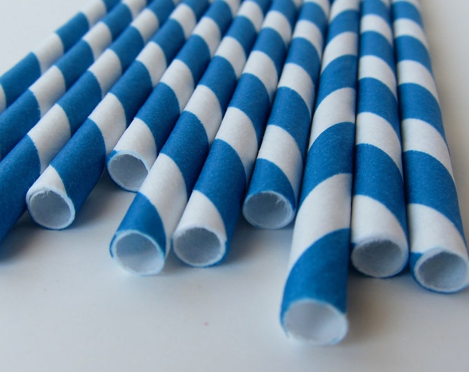 25 Blue and White Striped Paper Straws- Barber Pole Drinking Straws ...