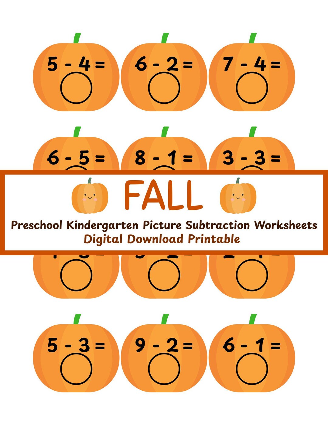 Fall Preschool Kindergarten Subtraction Worksheets Digital Download ...