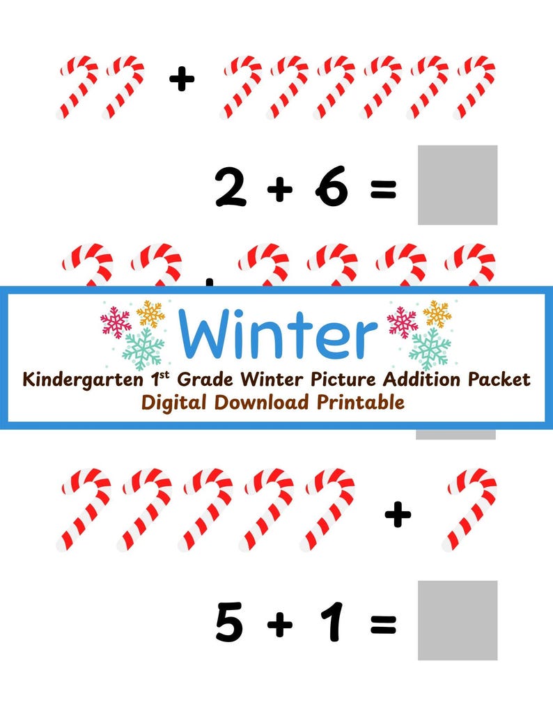 Winter Kindergarten 1st Grade Picture Addition Math Worksheet Packet ...