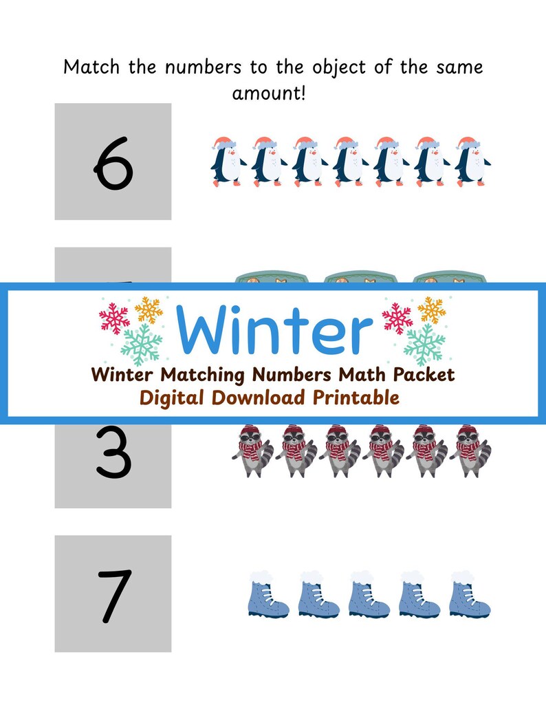 Winter Preschool Kindergarten 1st Grade Matching Numbers Worksheet ...