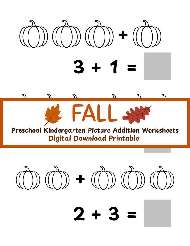Fall Picture Addition Worksheet: Preschool Kindergarten Activity (PDF ...