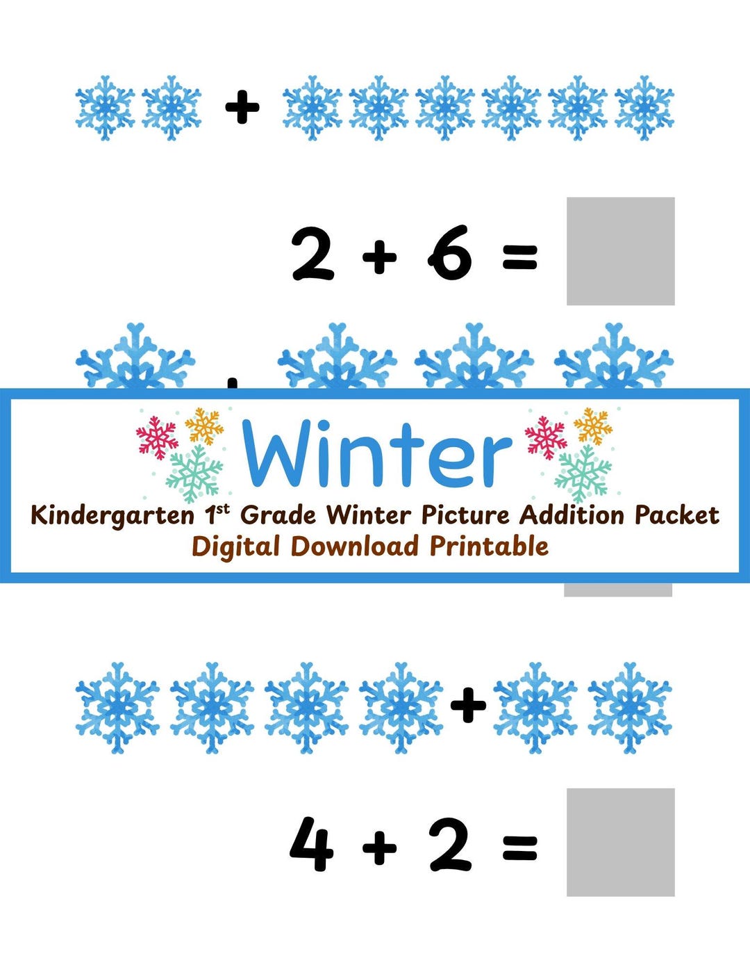 Winter Kindergarten 1st Grade Picture Addition Math Worksheet Packet ...