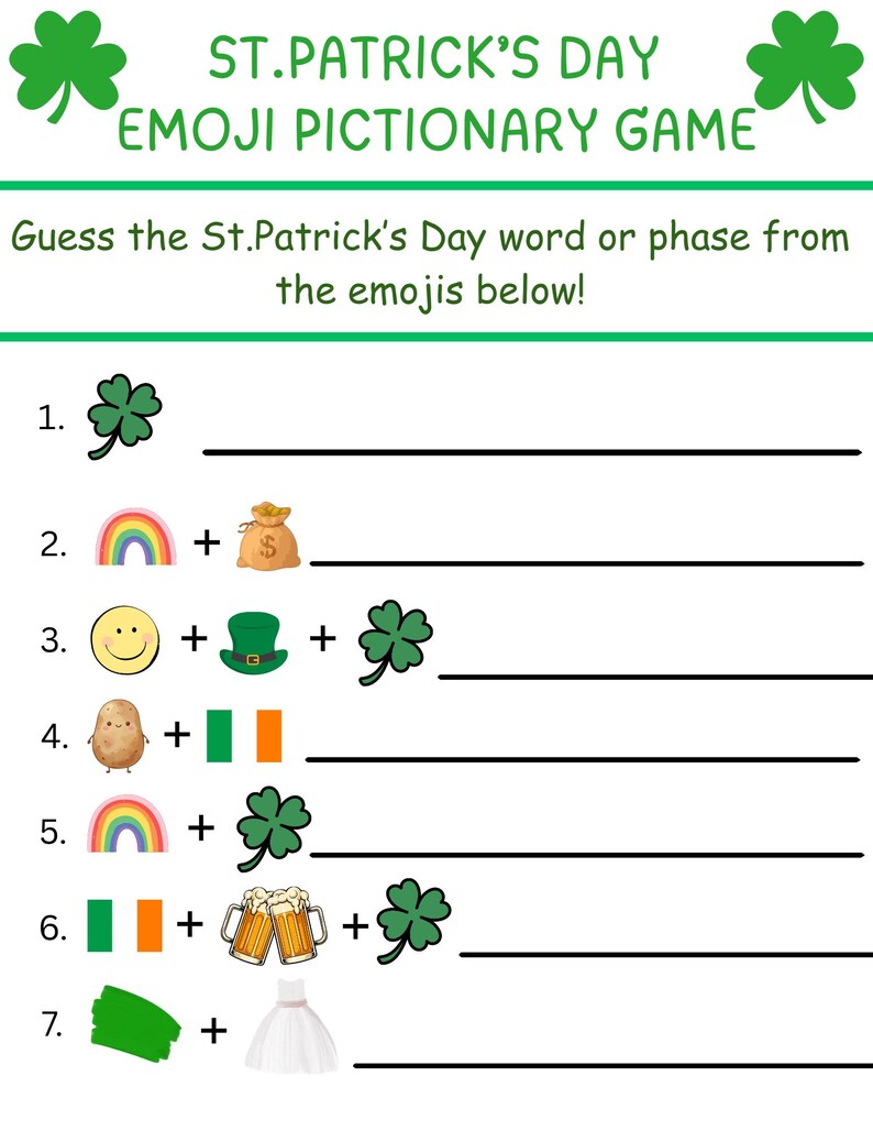 St. Patrick's Day Emoji Pictionary Game | Printable Party Activity ...