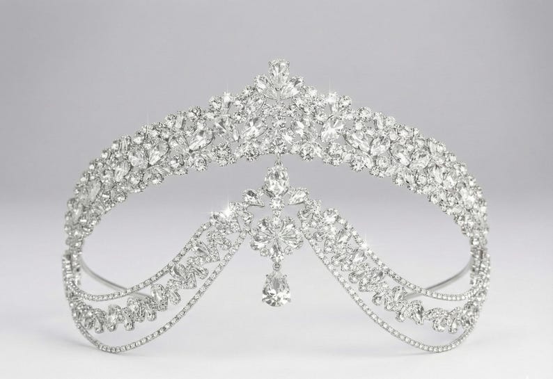 Crystal Bridal Tiara With Draped Chains, Silver Wedding Headpiece - Etsy