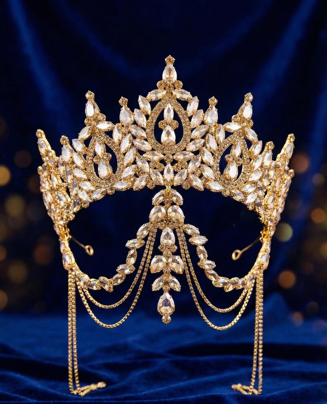 Gold Crystal Bridal Crown, Wedding Tiara With Chains, Royal Luxury ...